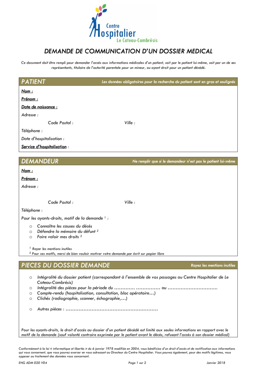 Demande de dossier médical Demande de dossier médical